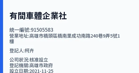 有間車體企業社的照片-統編 91505583(高雄市) 公司登記資料與營業項目詳細圖表