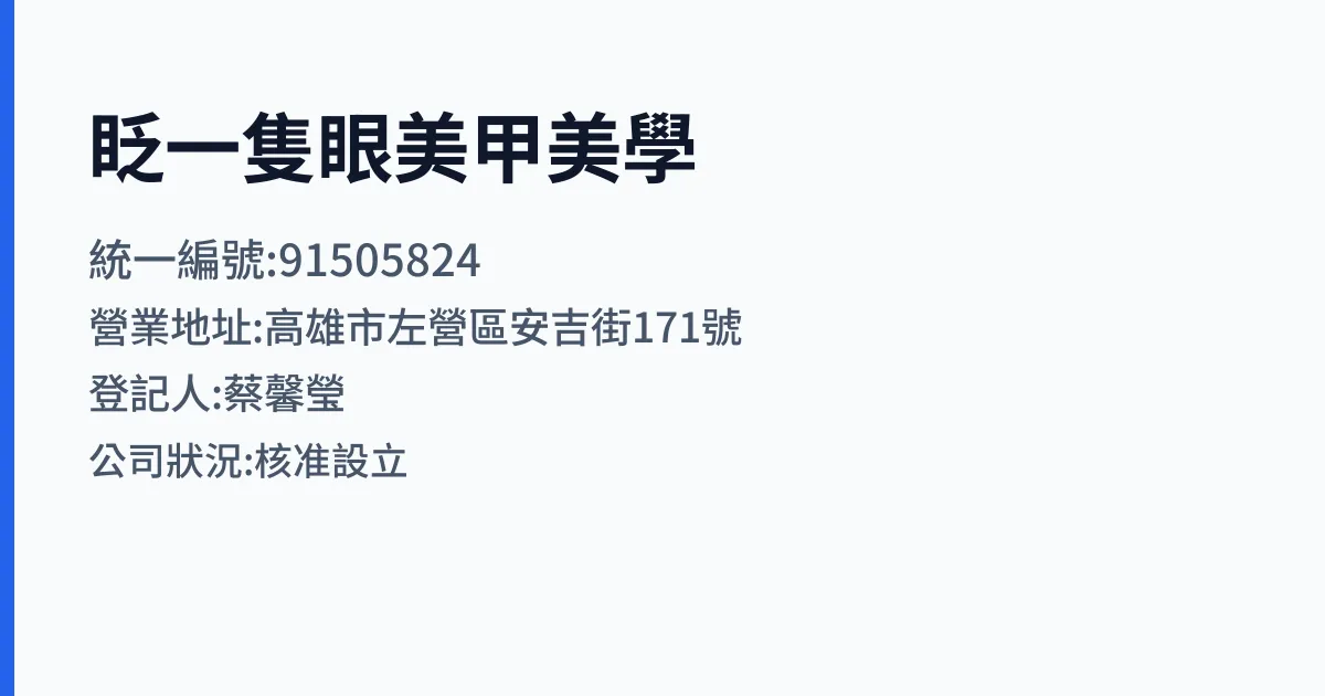 眨一隻眼美甲美學 - 統編 91505824(高雄市) 公司登記資料與營業項目詳細圖表