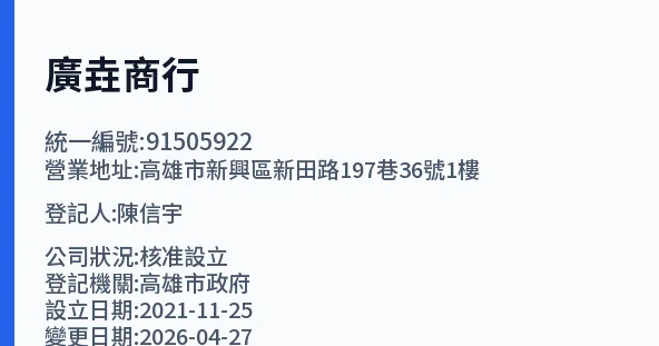 廣垚商行的照片-統編 91505922(高雄市) 公司登記資料與營業項目詳細圖表