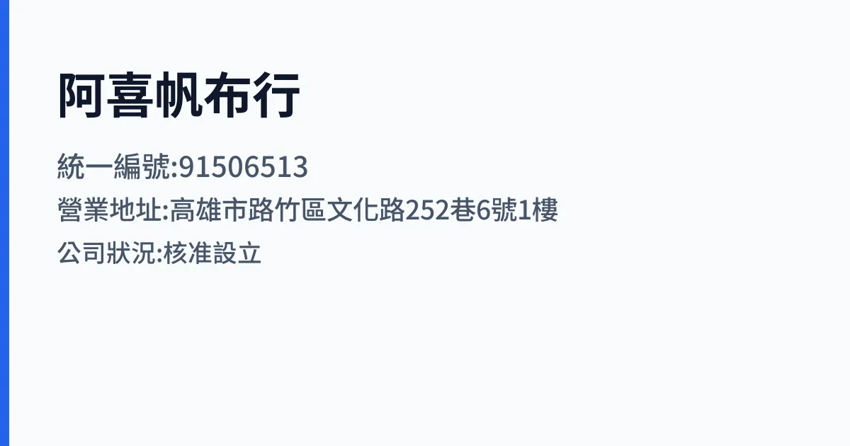 阿喜帆布行 - 統編 91506513 (高雄市) 公司登記資料與營業項目詳細圖表
