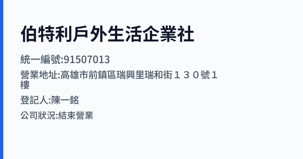 伯特利戶外生活企業社 - 統編 91507013(高雄市) 公司登記資料與營業項目詳細圖表