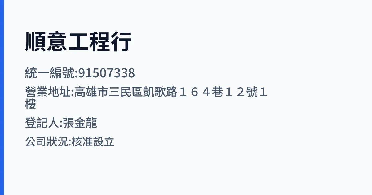 順意工程行 - 統編 91507338(高雄市) 公司登記資料與營業項目詳細圖表