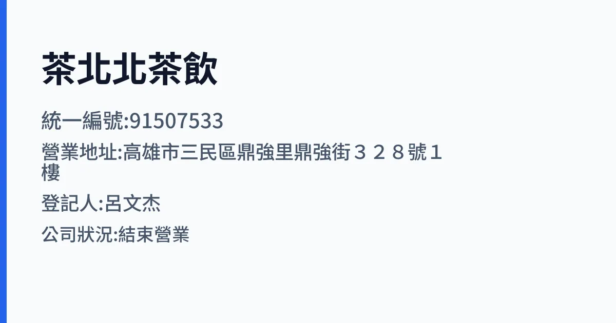 茶北北茶飲 - 統編 91507533(高雄市) 公司登記資料與營業項目詳細圖表