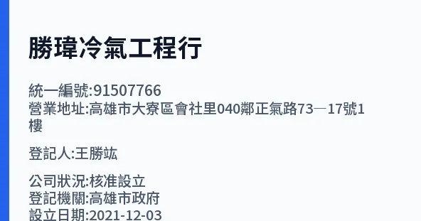 勝瑋冷氣工程行的照片-統編 91507766(高雄市) 公司登記資料與營業項目詳細圖表