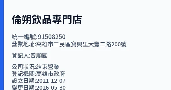 倫朔飲品專門店的照片-統編 91508250(高雄市) 公司登記資料與營業項目詳細圖表