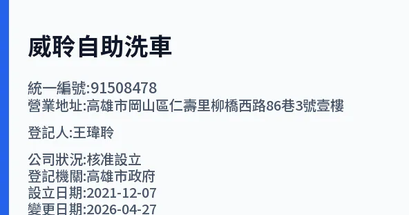威聆自助洗車的照片-統編 91508478(高雄市) 公司登記資料與營業項目詳細圖表