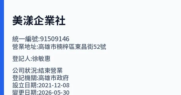 美漾企業社的照片-統編 91509146(高雄市) 公司登記資料與營業項目詳細圖表
