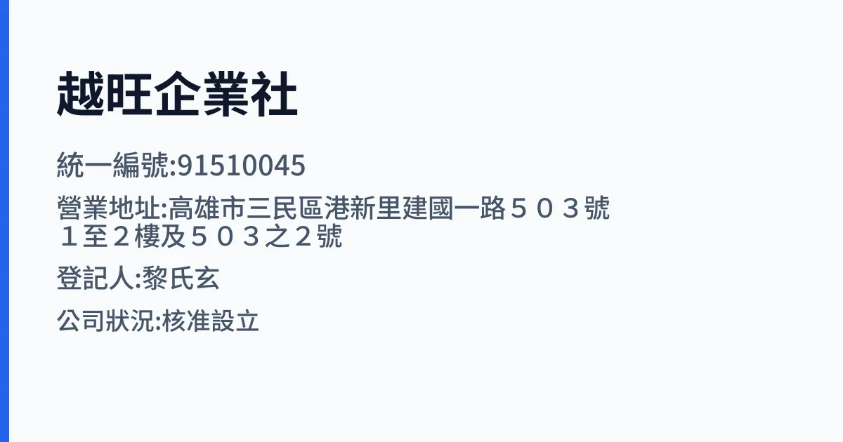越旺企業社 - 統編 91510045(高雄市) 公司登記資料與營業項目詳細圖表