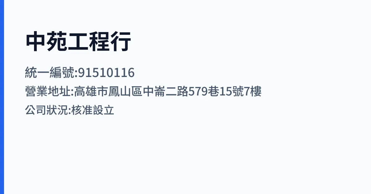 中苑工程行 - 統編 91510116(高雄市) 公司登記資料與營業項目詳細圖表