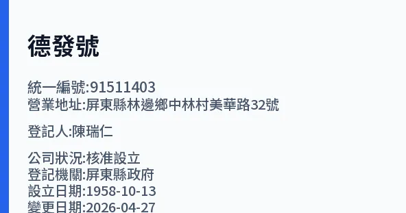 德發號的照片-統編 91511403(屏東縣) 公司登記資料與營業項目詳細圖表