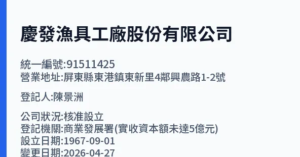 慶發漁具工廠股份有限公司的照片-統編 91511425(屏東縣) 公司登記資料與營業項目詳細圖表