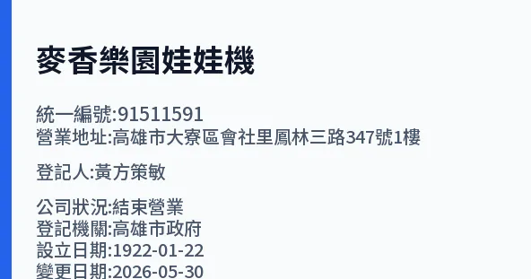 麥香樂園娃娃機的照片-統編 91511591(高雄市) 公司登記資料與營業項目詳細圖表