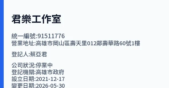 君樂工作室的照片-統編 91511776(高雄市) 公司登記資料與營業項目詳細圖表