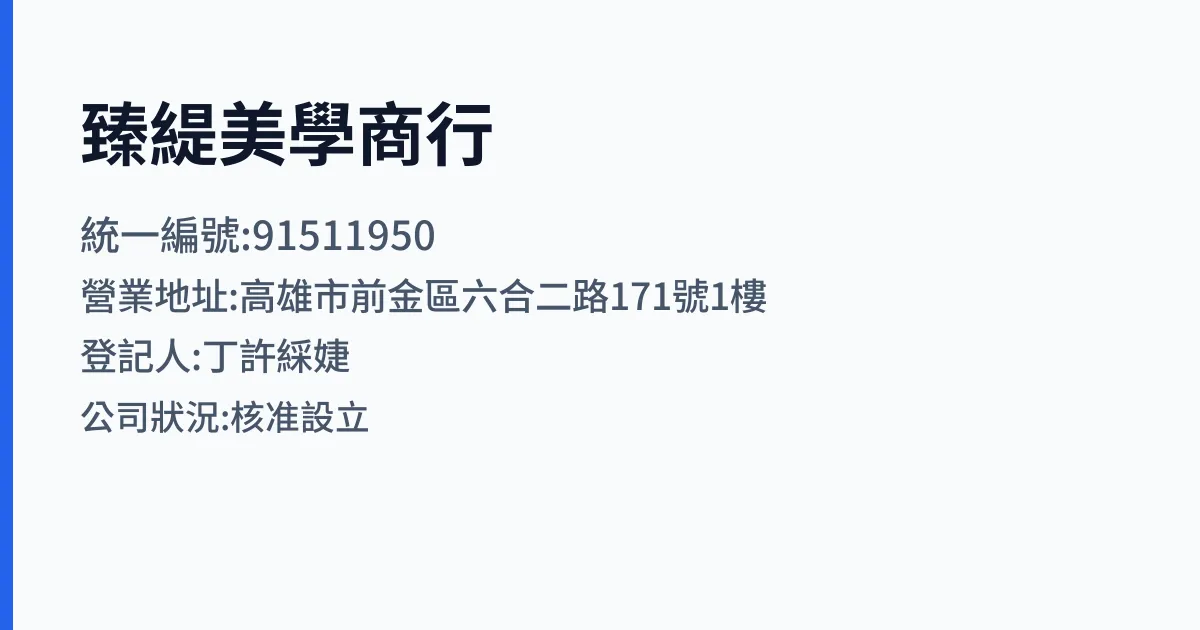 臻緹美學商行 - 統編 91511950(高雄市) 公司登記資料與營業項目詳細圖表