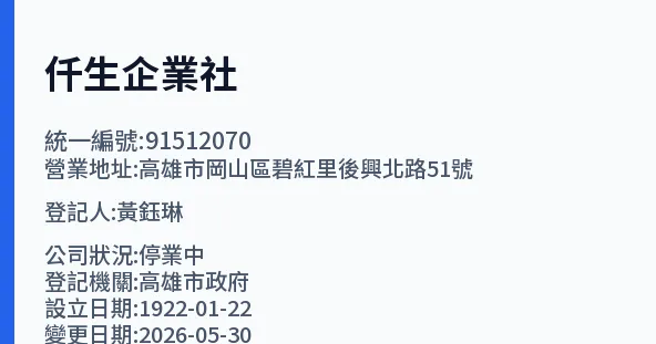 仟生企業社的照片-統編 91512070(高雄市) 公司登記資料與營業項目詳細圖表