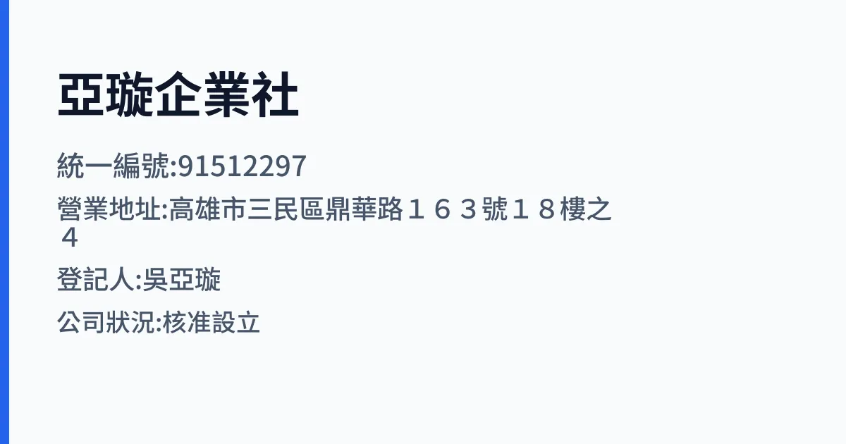 亞璇企業社 - 統編 91512297(高雄市) 公司登記資料與營業項目詳細圖表