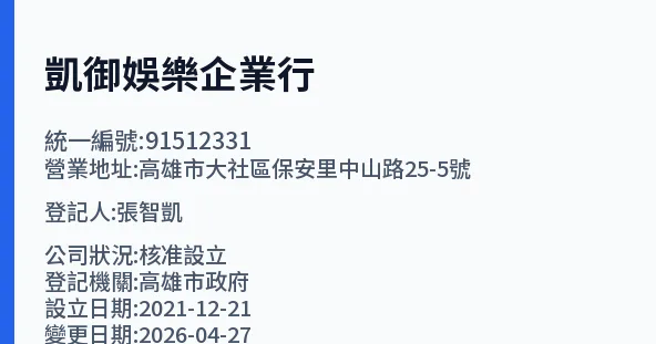 凱御娛樂企業行的照片-統編 91512331(高雄市) 公司登記資料與營業項目詳細圖表
