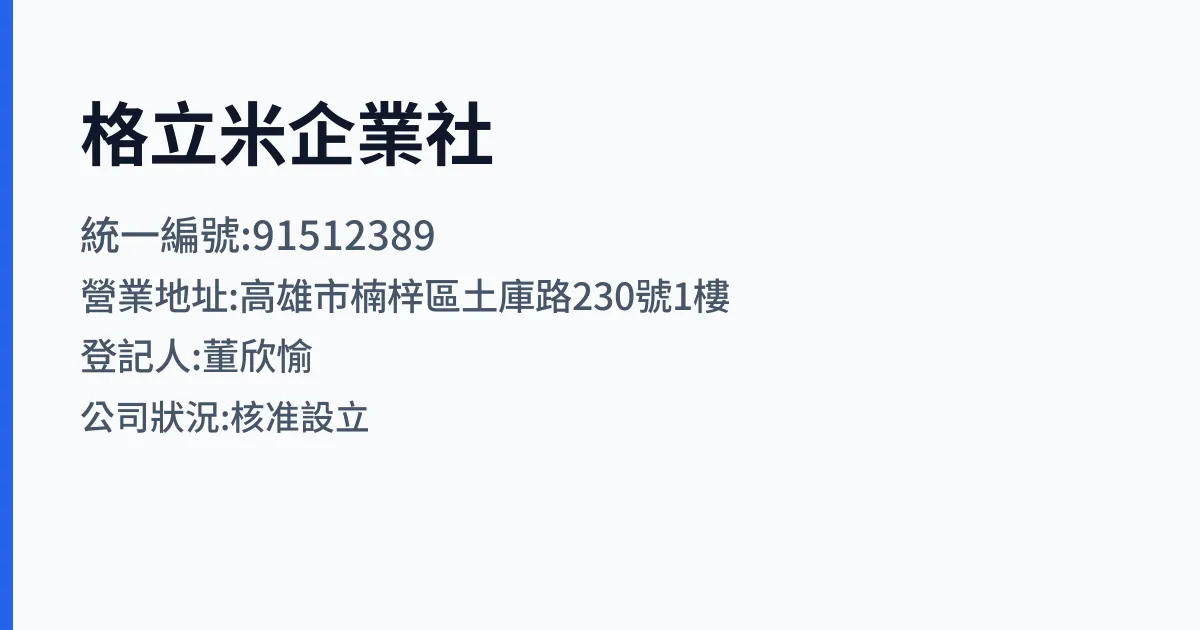 格立米企業社 - 統編 91512389(高雄市) 公司登記資料與營業項目詳細圖表