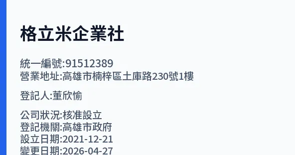 格立米企業社的照片-統編 91512389(高雄市) 公司登記資料與營業項目詳細圖表