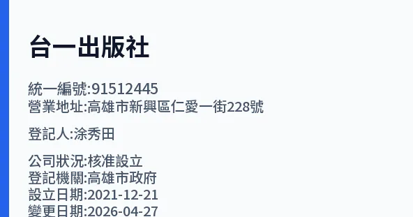 台一出版社的照片-統編 91512445(高雄市) 公司登記資料與營業項目詳細圖表