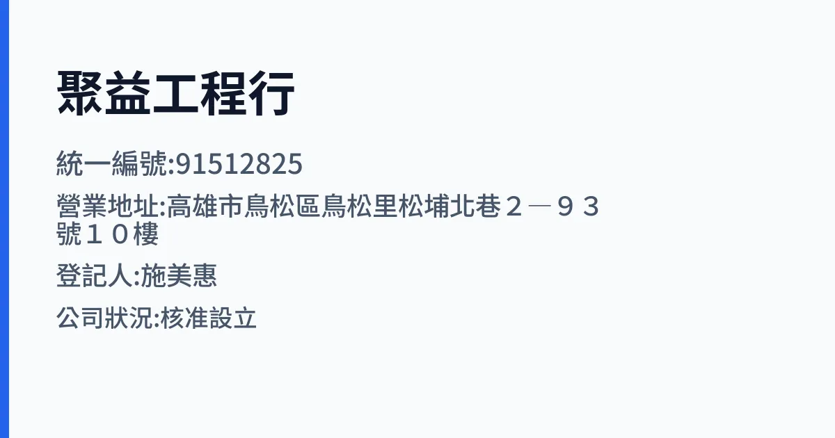 聚益工程行 - 統編 91512825(高雄市) 公司登記資料與營業項目詳細圖表
