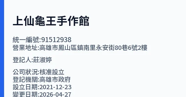 上仙龜王手作館的照片-統編 91512938(高雄市) 公司登記資料與營業項目詳細圖表