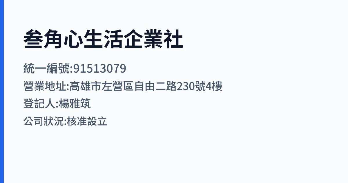 叁角心生活企業社 - 統編 91513079(高雄市) 公司登記資料與營業項目詳細圖表