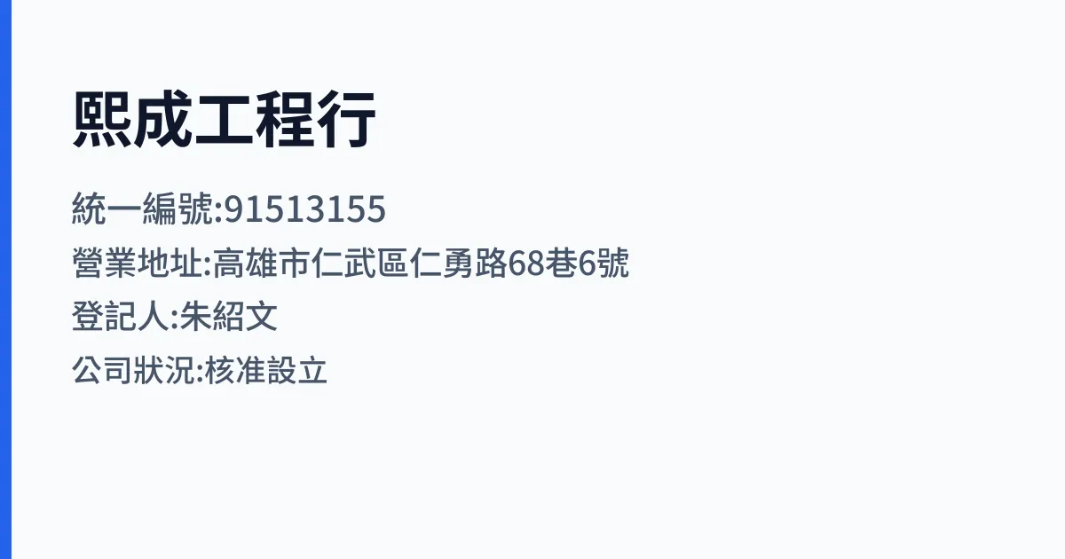 熙成工程行 - 統編 91513155（高雄市） 公司登記資料與營業項目詳細圖表