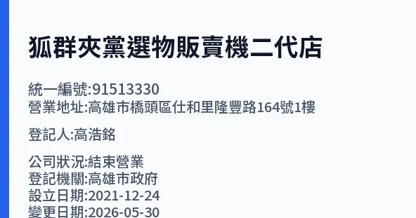 狐群夾黨選物販賣機二代店的照片-統編 91513330(高雄市) 公司登記資料與營業項目詳細圖表