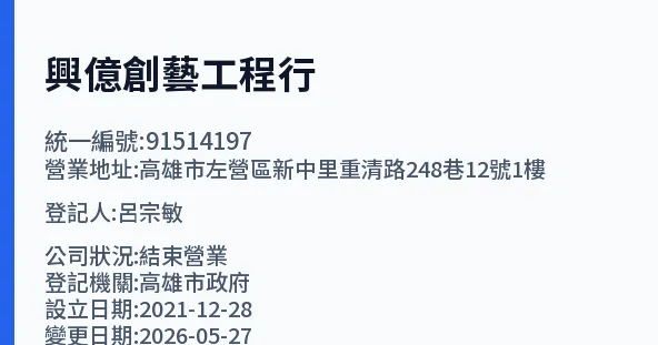 興億創藝工程行的照片-統編 91514197(高雄市) 公司登記資料與營業項目詳細圖表