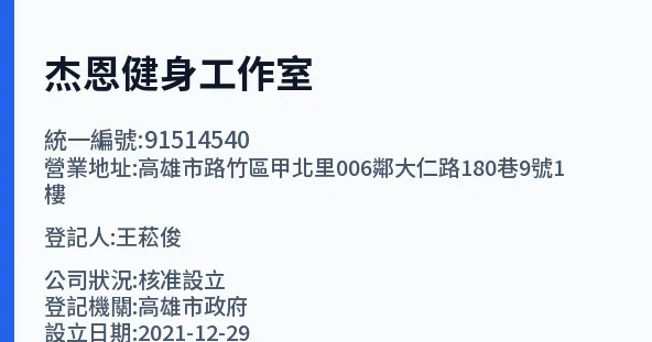 杰恩健身工作室的照片-統編 91514540(高雄市) 公司登記資料與營業項目詳細圖表