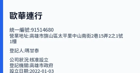 歐華連行的照片-統編 91514680(高雄市) 公司登記資料與營業項目詳細圖表