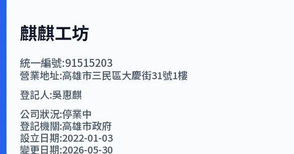 麒麒工坊的照片-統編 91515203(高雄市) 公司登記資料與營業項目詳細圖表