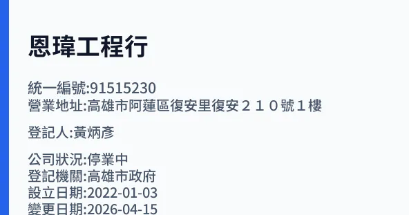 恩瑋工程行的照片-統編 91515230(高雄市) 公司登記資料與營業項目詳細圖表