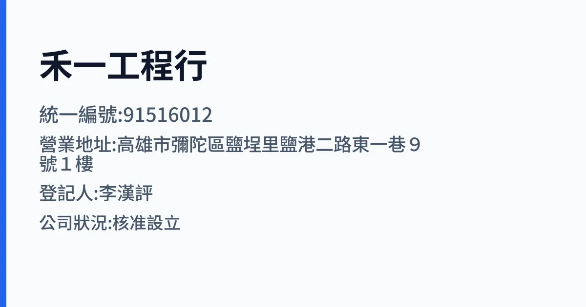 禾一工程行 - 統編 91516012(高雄市) 公司登記資料與營業項目詳細圖表