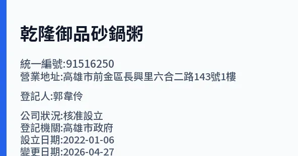 乾隆御品砂鍋粥的照片-統編 91516250(高雄市) 公司登記資料與營業項目詳細圖表