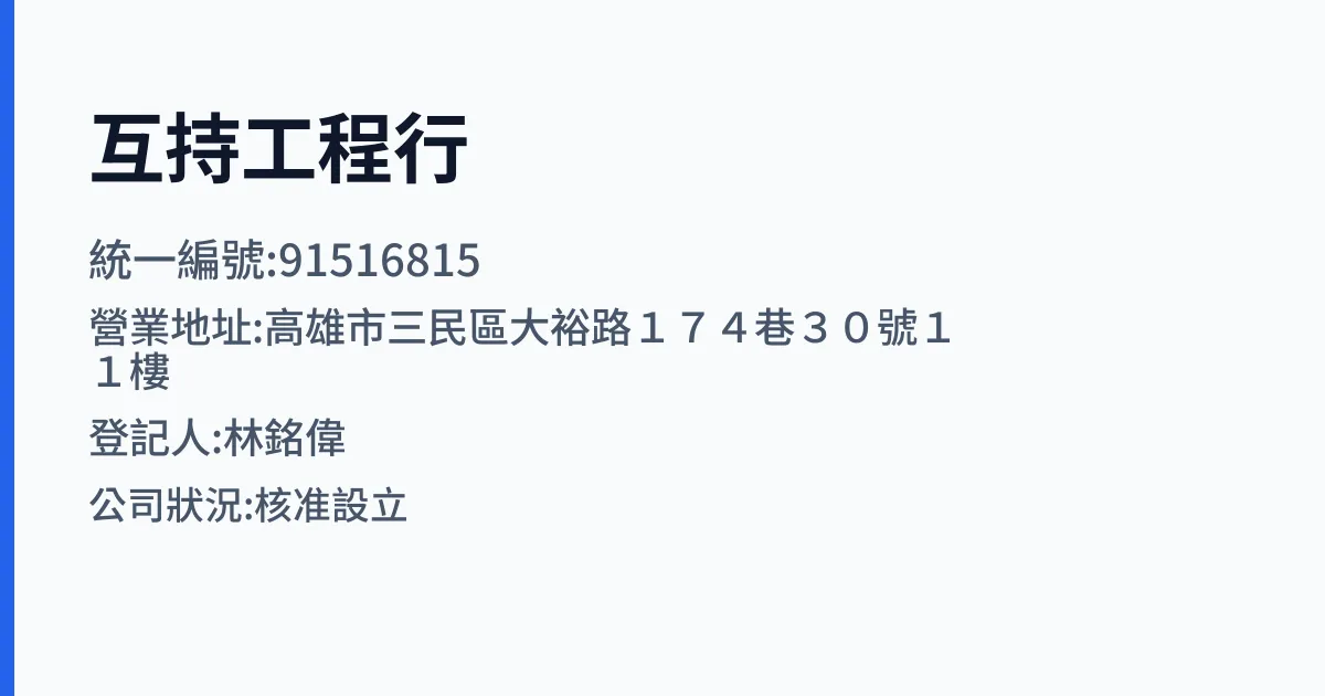 互持工程行 - 統編 91516815(高雄市) 公司登記資料與營業項目詳細圖表