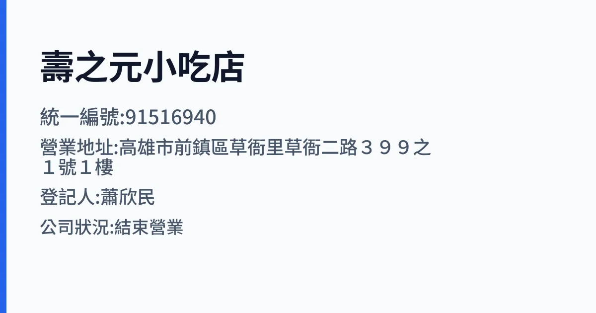 壽之元小吃店 - 統編 91516940(高雄市) 公司登記資料與營業項目詳細圖表