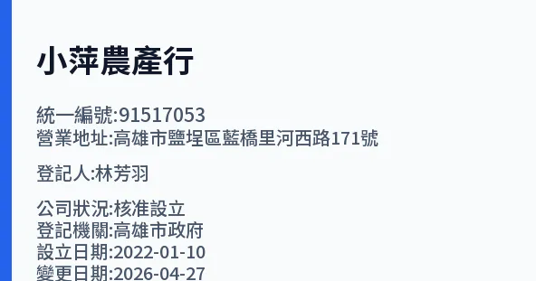小萍農產行的照片-統編 91517053(高雄市) 公司登記資料與營業項目詳細圖表