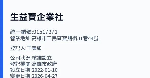 生益寶企業社的照片-統編 91517271(高雄市) 公司登記資料與營業項目詳細圖表