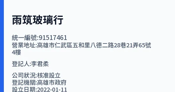 雨筑玻璃行的照片-統編 91517461(高雄市) 公司登記資料與營業項目詳細圖表
