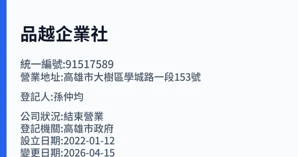 品越企業社的照片-統編 91517589(高雄市) 公司登記資料與營業項目詳細圖表
