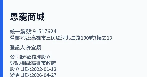 恩寵商城的照片-統編 91517624(高雄市) 公司登記資料與營業項目詳細圖表