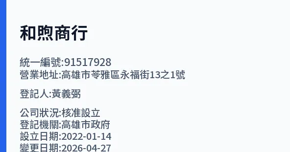 和煦商行的照片-統編 91517928(高雄市) 公司登記資料與營業項目詳細圖表