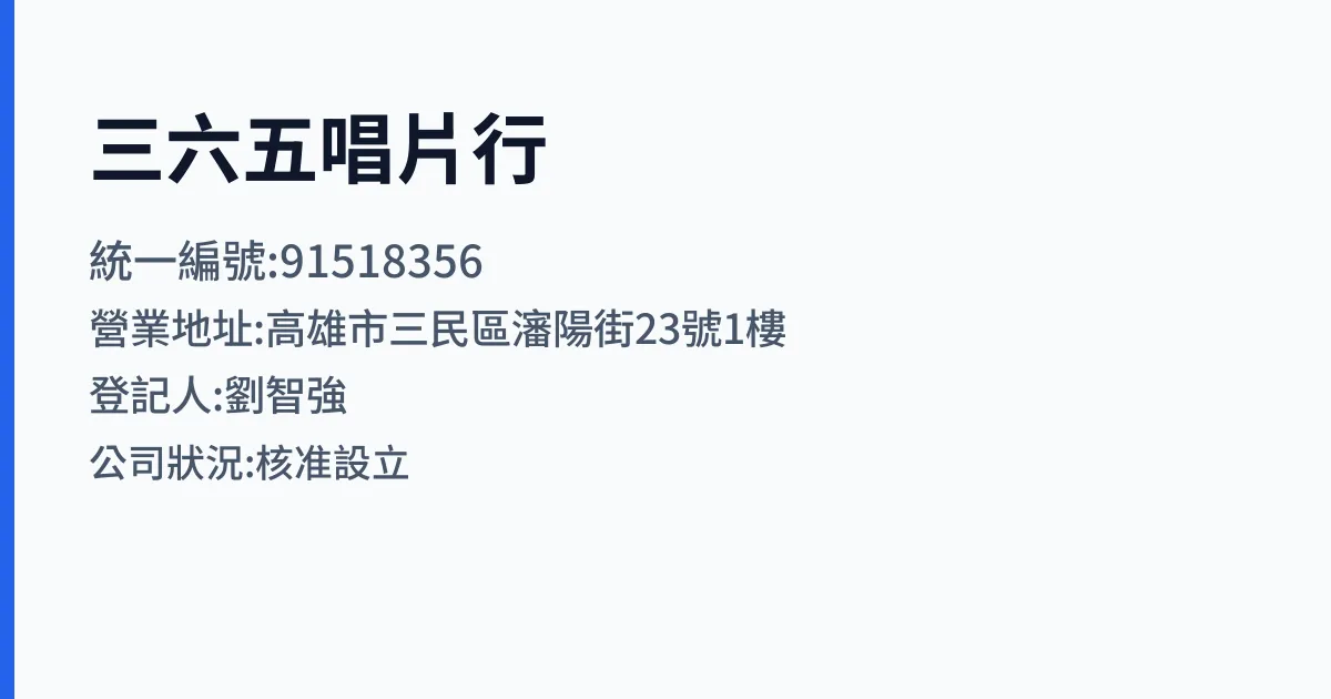 三六五唱片行 - 統編 91518356(高雄市) 公司登記資料與營業項目詳細圖表