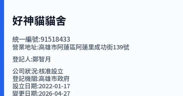 好神貓貓舍的照片-統編 91518433(高雄市) 公司登記資料與營業項目詳細圖表