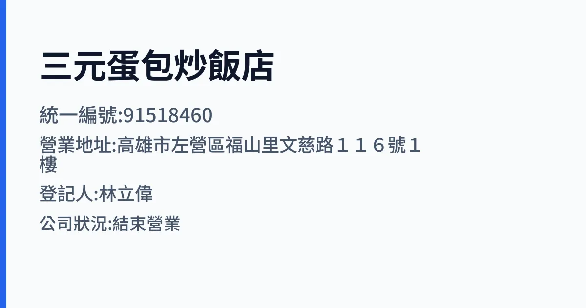 三元蛋包炒飯店 - 統編 91518460(高雄市) 公司登記資料與營業項目詳細圖表