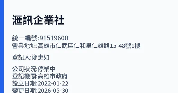 滙訊企業社的照片-統編 91519600(高雄市) 公司登記資料與營業項目詳細圖表