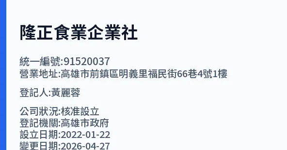 隆正食業企業社的照片-統編 91520037(高雄市) 公司登記資料與營業項目詳細圖表