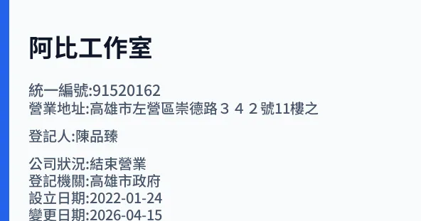 阿比工作室的照片-統編 91520162(高雄市) 公司登記資料與營業項目詳細圖表